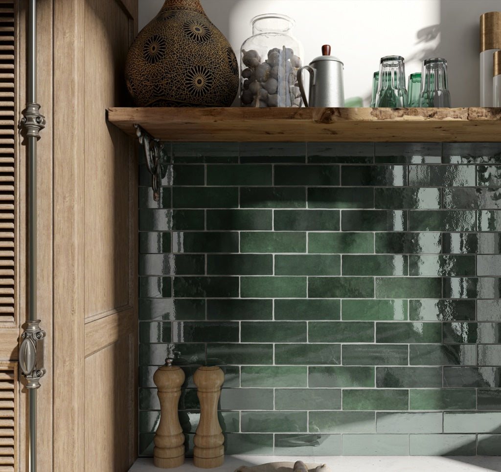 Zellij Brick Tile | Moss Green Gloss | Moroccan Tile | 6.5cm x 20cm ...